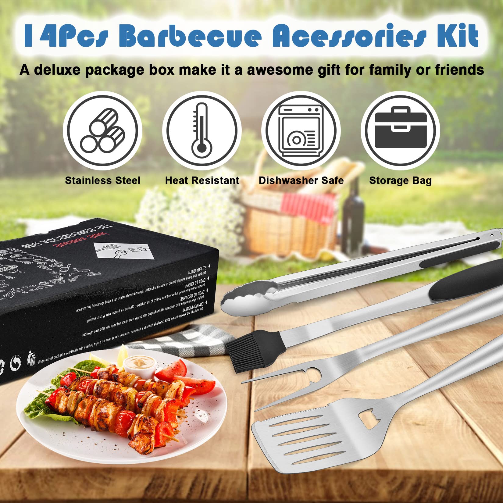Joyfair Grill Accessories Set, 14Pcs BBQ Grilling Tools Kit for Outdoor Camping, Backyard Barbecue, Include Metal Spatula, Fork, Tong, Brush, Meat Claws, Storage Bag, Gift for Men Father on Birthday