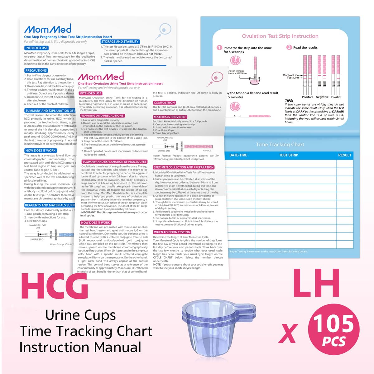 MomMed Ovulation Test Strips, 105 LH Ovulation Predictor Kit with 105 Collection Cups, Accurately Track Ovulation Test, High Sensitivity Result for Women Home Testing