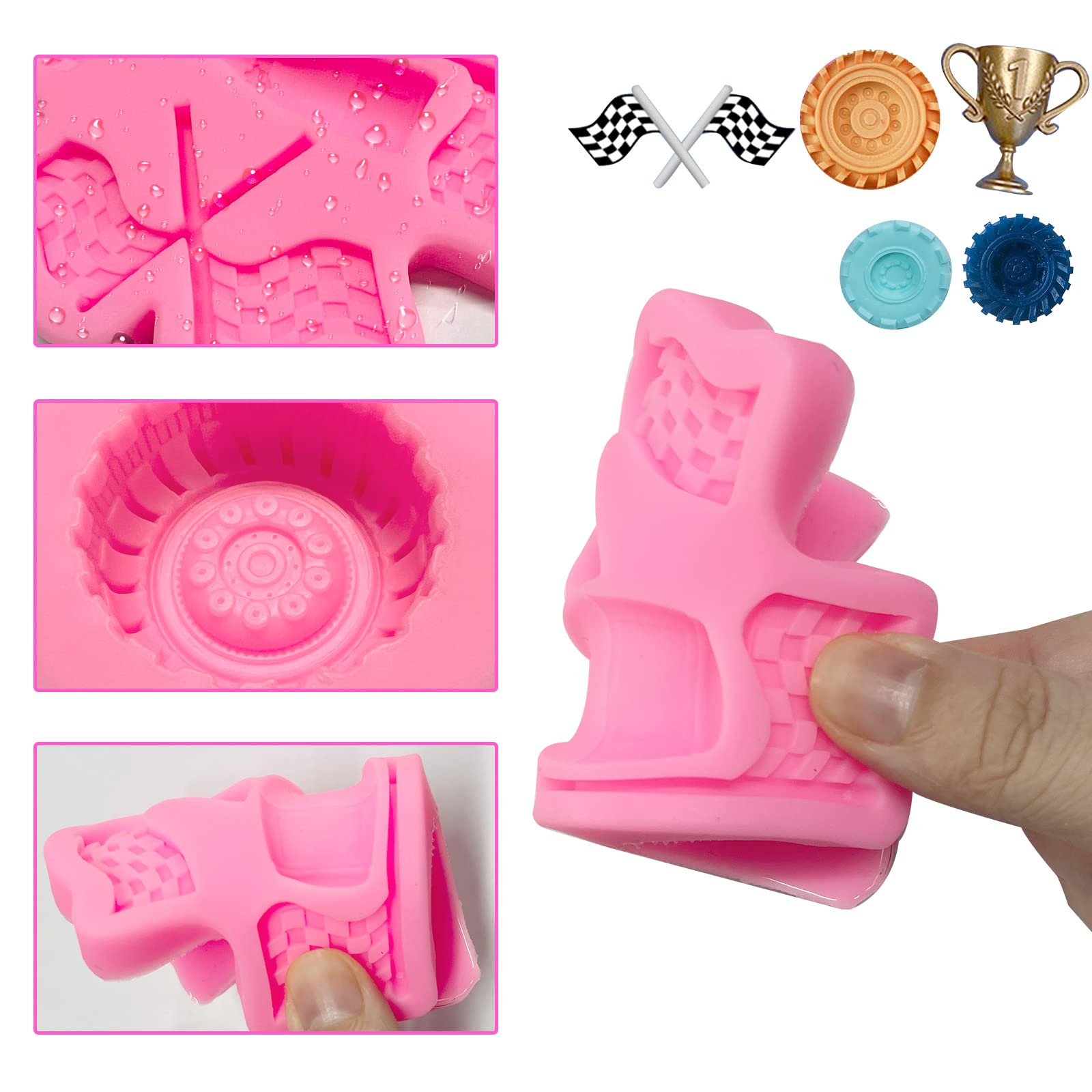 Race Car Silicone Molds, 3D Round Tire Fondant Mold, Truck Wheel Shape Silicone Mold, Racing Car Chocolate Candy Mold Baking Mold Cupcake Topper Decoration for DIY Boy Birthday Clay Resin Crafting