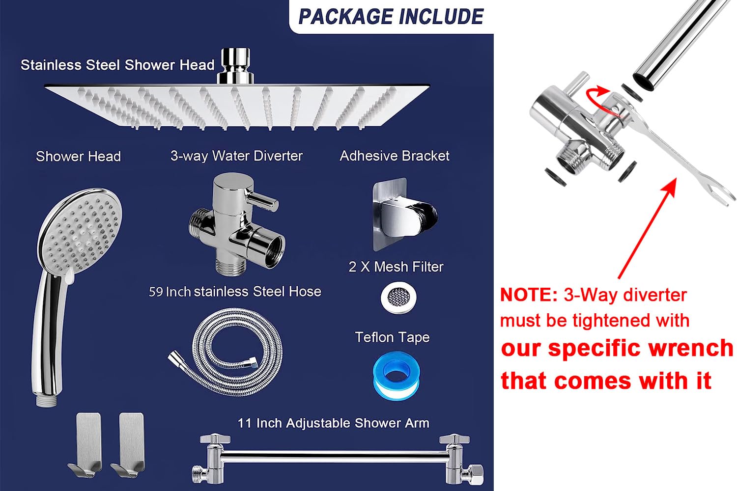 Shower Head Combo with 11'' Extension Arm,High Pressure Rain Shower Head with Handheld Shower Spray and Holder/ 1.5M Hose,Dual Rainfall Showerhead Set,Chrome (10 Inch)