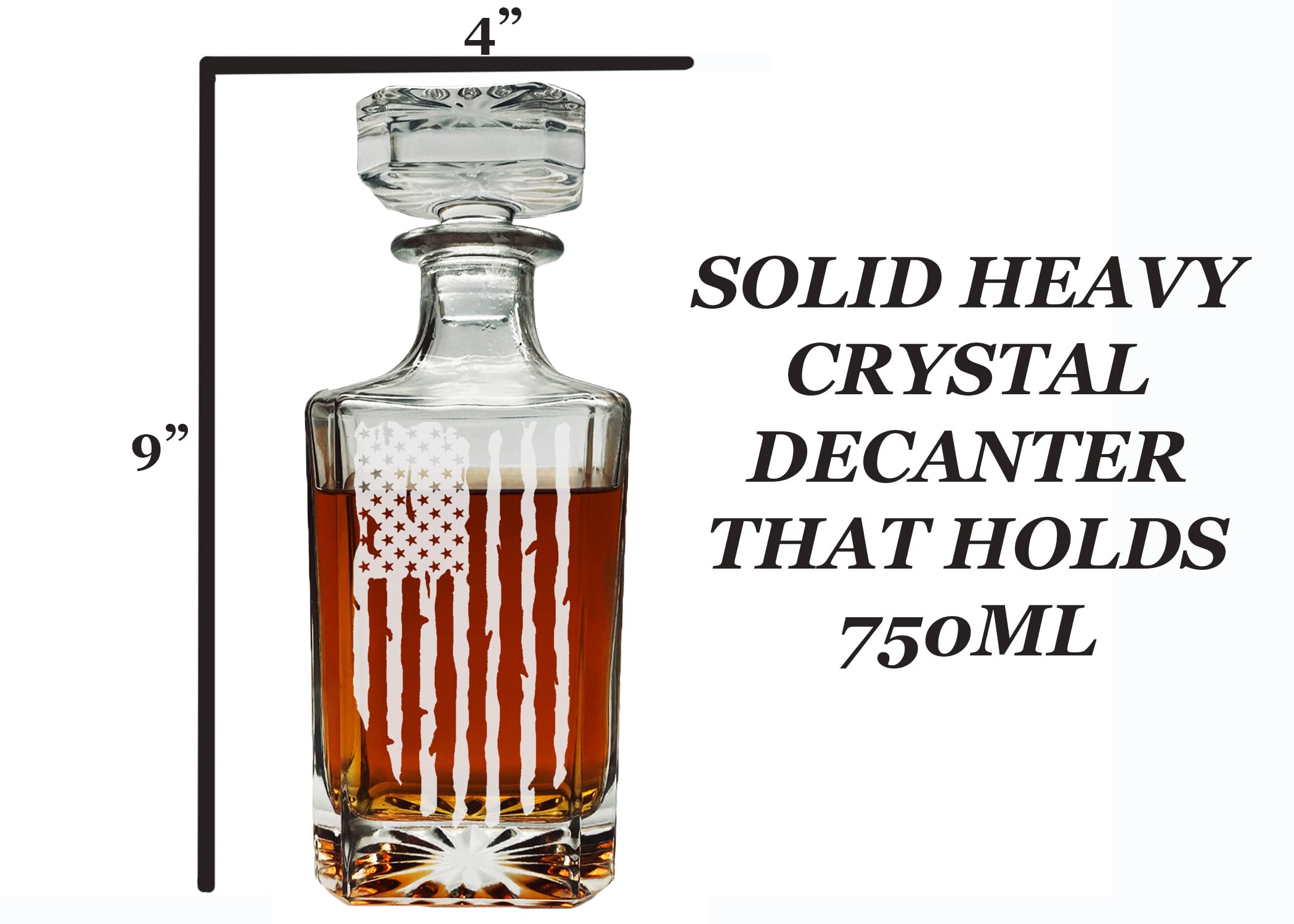 Rogue River Tactical Tattered Worn American US Flag USA Patriotic Whiskey Decanter With Airtight Glass Stopper Custom Gift For Men Dad Veteran Father's Day