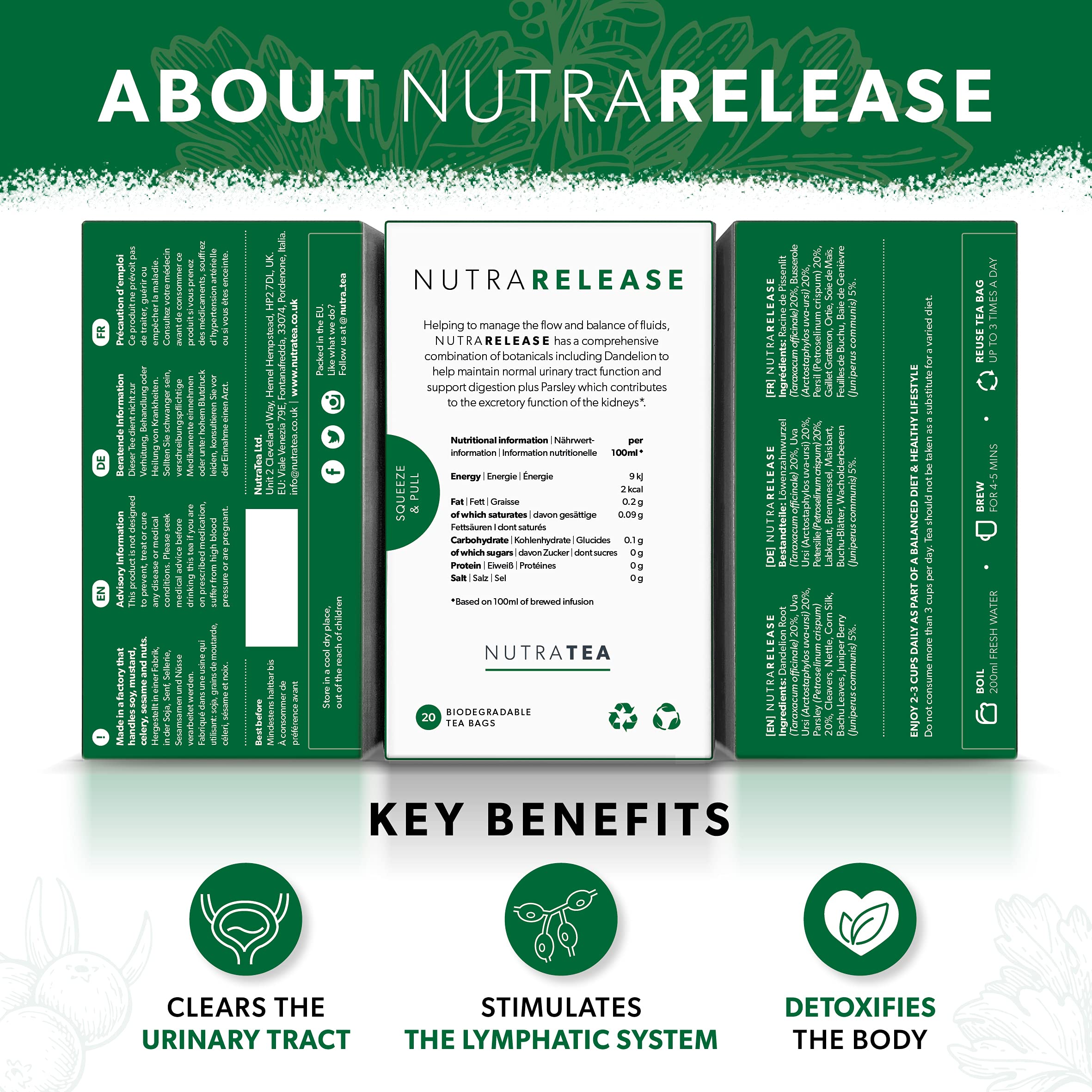 NUTRARELEASE - Kidney Tea | Bloated Stomach Tea β Includes Uva Ursi, Dandelion & Nettle - Assist With Water Retention & Digestion - 20 Enveloped Tea Bags - by Nutra Tea - Herbal Tea