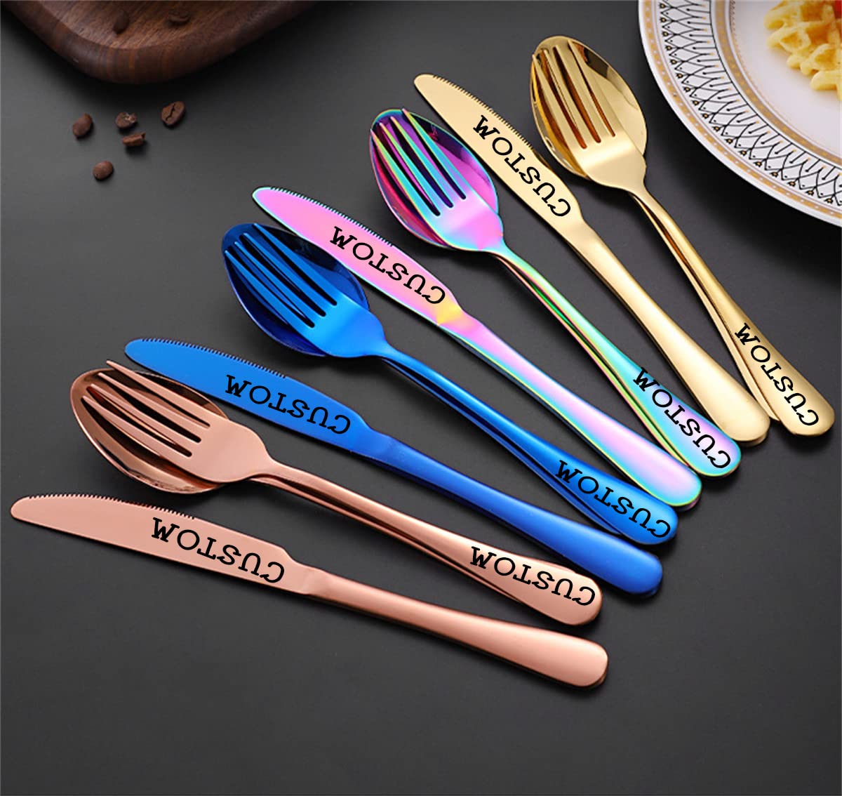 OBTIAN Stainless Steel Customized Flatware Set,Engraving Name Knife Forks Spoon,Personalized names will be engraved on your tableware, Customized Birthday Christmas Gift Silver