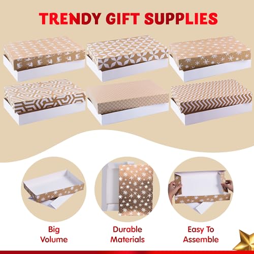 JOYIN 12 Pcs Christmas Boxes, Foil Golden Patterned Shirt Wrap Boxes 17" x 11" x 2.5" with Lid and Base, Clothes, Wrapping Robe Boxes, Shirt Gift Boxes for Xmas, Birthdays, Wedding, 6 Designs