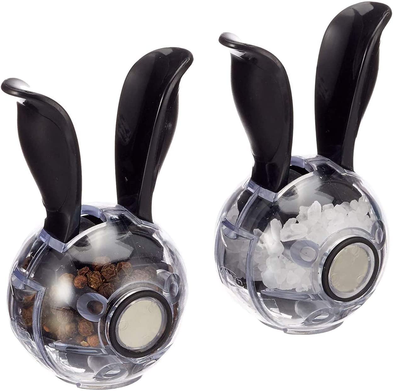RROAD Manual Salt and Pepper Mill Set ,Mini Manual Black Pepper Grinder Multifunction Cruet Spice Grinder Ball Shape Black Rabbit Ears Design Kitchen Tools(2Pcs)