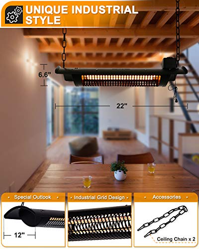 Star Patio Electric Patio Heater, Outdoor Heater, 750W/1500W Ceiling Infrared Heater with Rectangular Shape, Black, Silent Heating Hanging Patio Heater, IP44 Waterproof Outdoor Heaters, STP2066-C