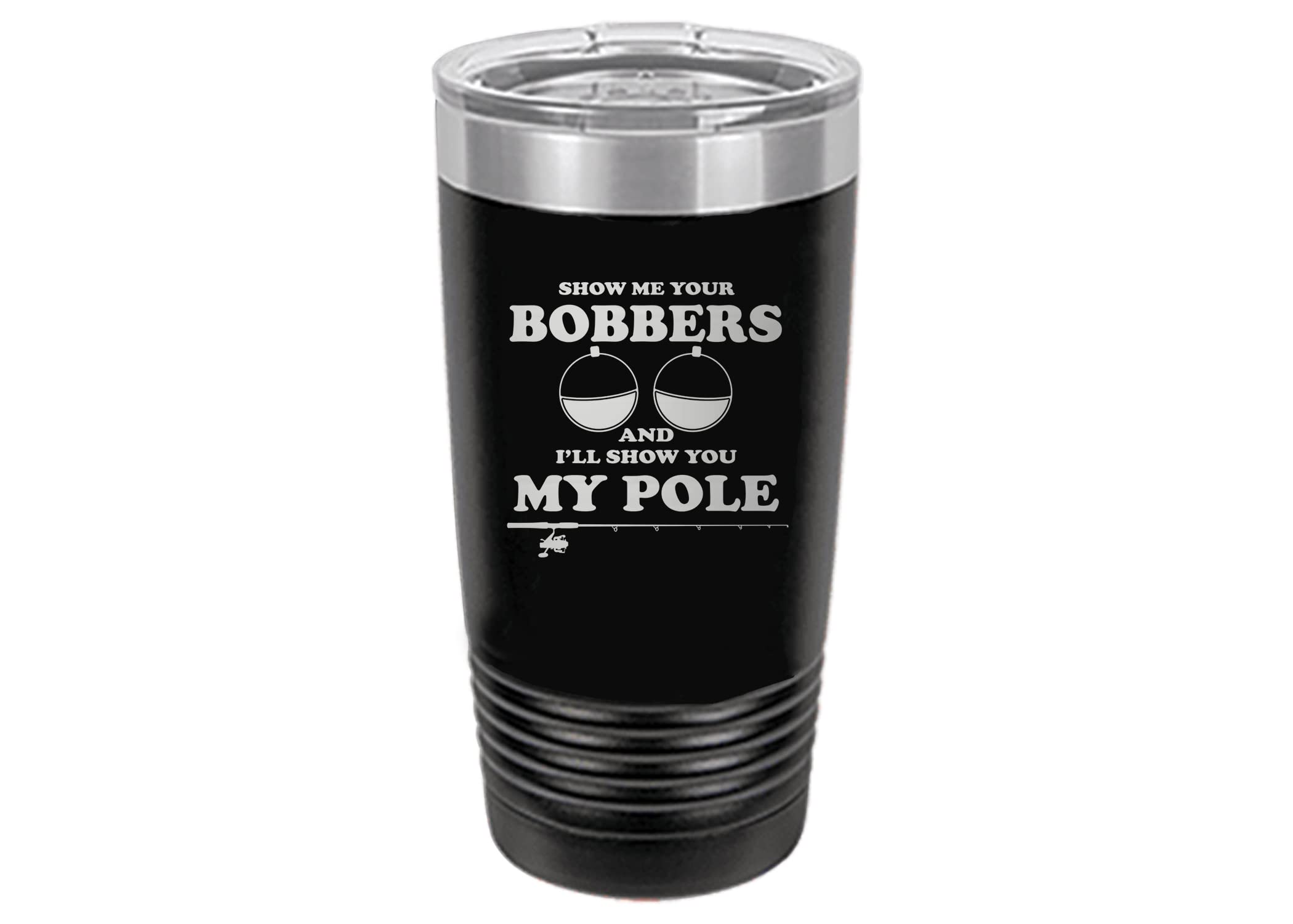Rogue River Tactical Large Funny Fishing 20 Ounce Travel Tumbler Mug Cup w/Lid Bobbers and Pole Joke Fishing Gift Fish Black