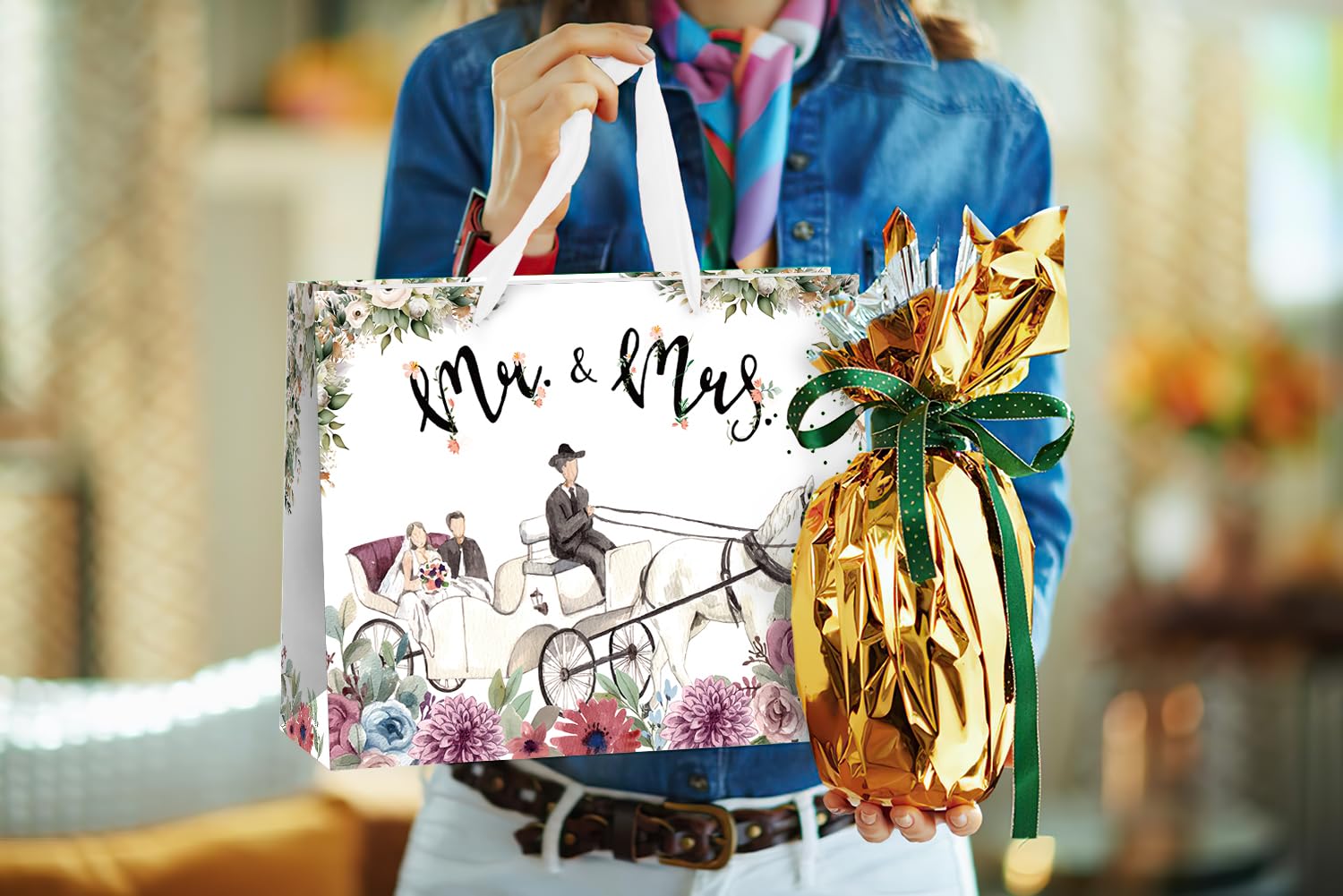 ysmile Wedding Gift Bag with Wrapping Tissue, 12" Bride Gift Bag for Engagement, Anniversary for Women Men Mr Mrs