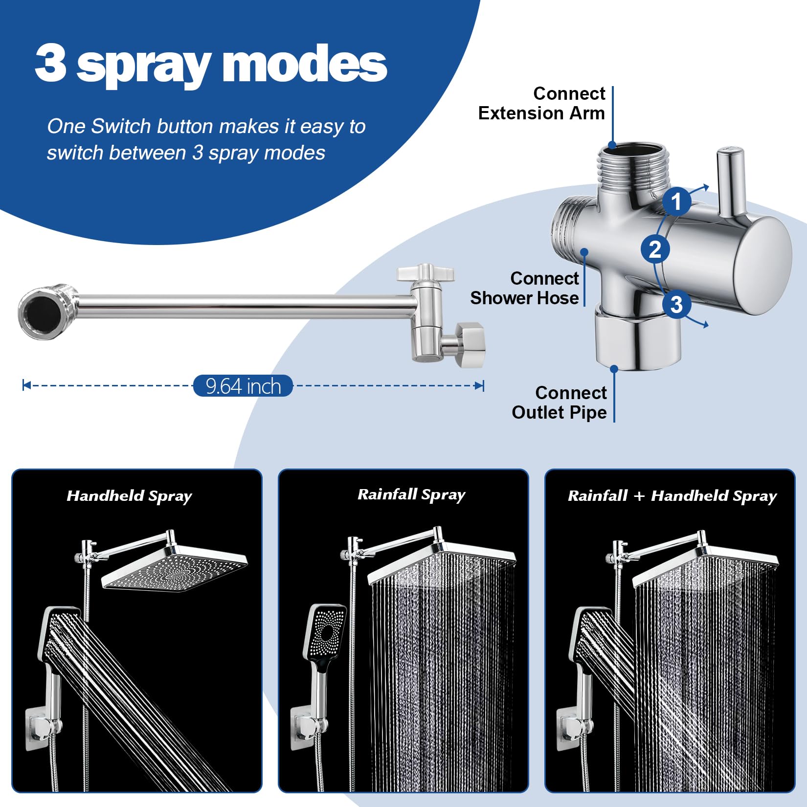 Shower Head,14”Rain Shower Head with Handheld Spray Combo with ON/OFF Pause Switch and 11'' Angle Adjustable Extension Arm/Flow Regulator,High Pressure Nozzle Easy to Clean Bathtub,Chrome