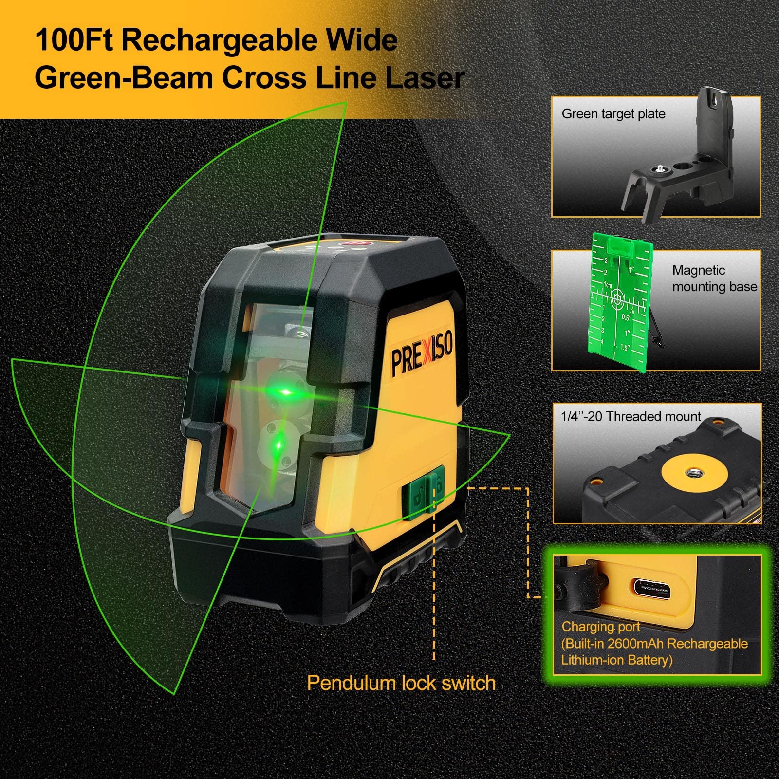 PREXISO Laser Level Self Leveling - 100Ft Rechargeable Cross Line Laser, Green Line leveler Tool for Construction, Floor Tile, Home Renovation with Magnetic Pivoting Base, Target Plate & Portable Bag