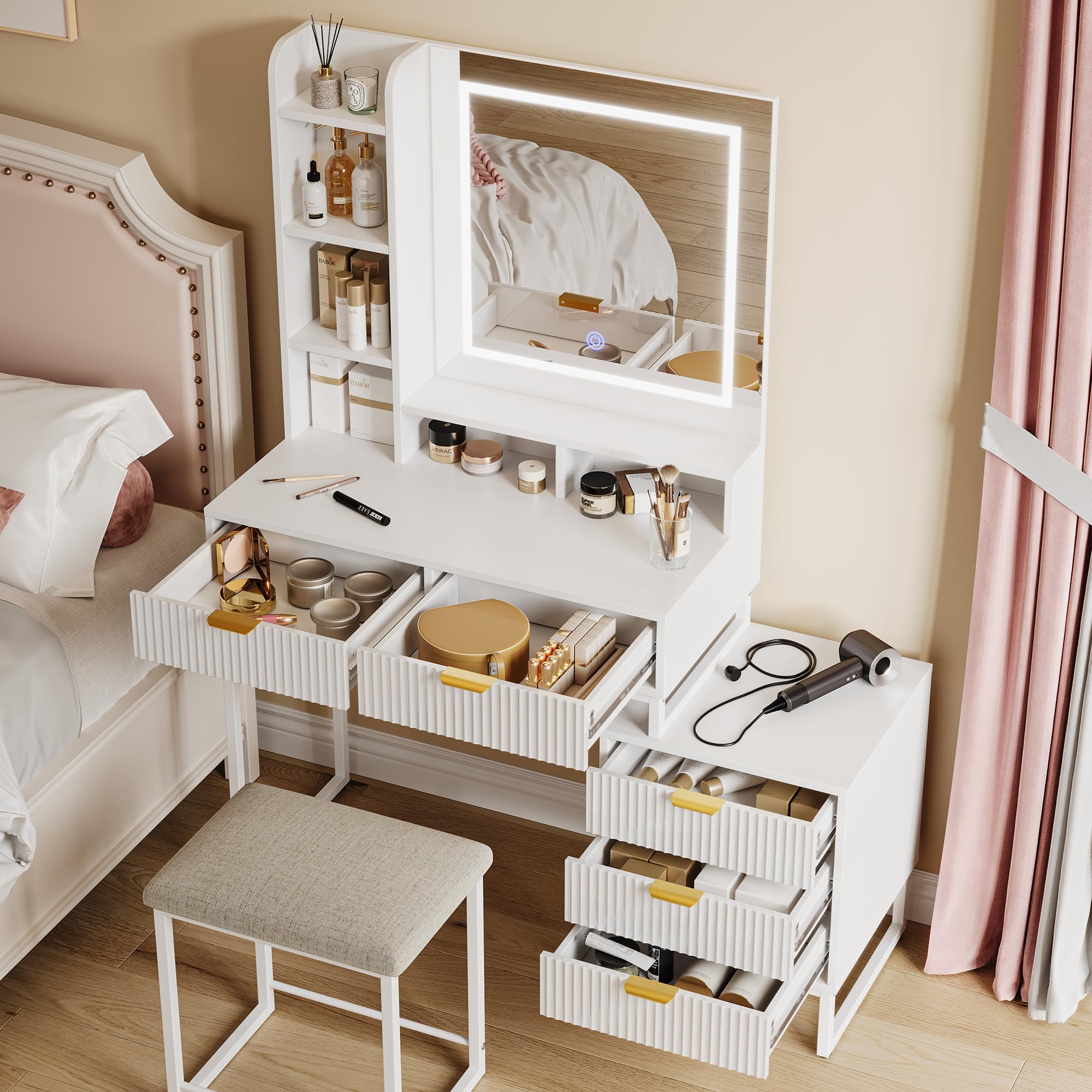 White Vanity Makeup Desk, Vanity Set with Mirror and 3-Mode Lights, 5 Drawers Vanity Table with Removable Side Storage Cabinet, Stool for Bedroom