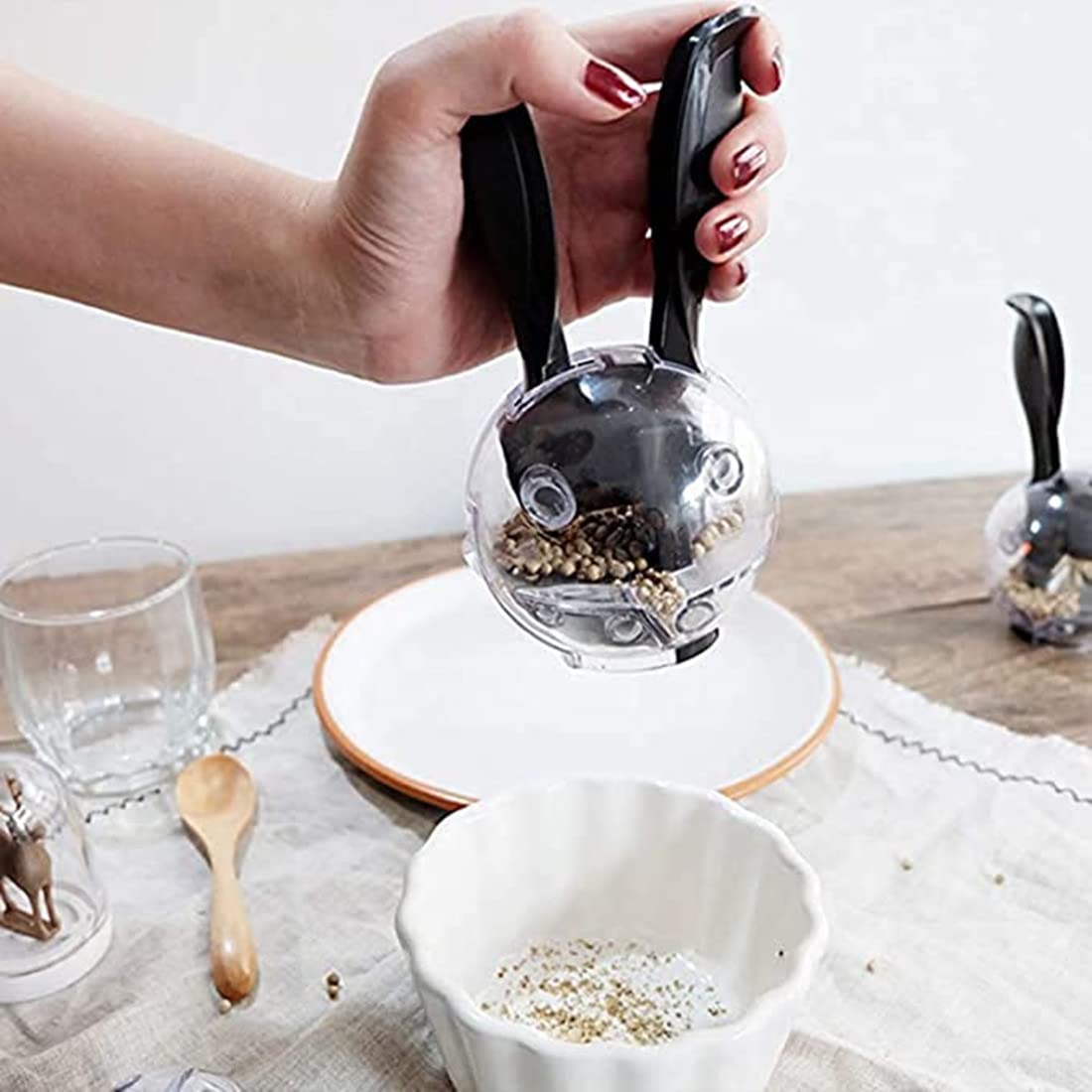 RROAD Manual Salt and Pepper Mill Set ,Mini Manual Black Pepper Grinder Multifunction Cruet Spice Grinder Ball Shape Black Rabbit Ears Design Kitchen Tools(2Pcs)