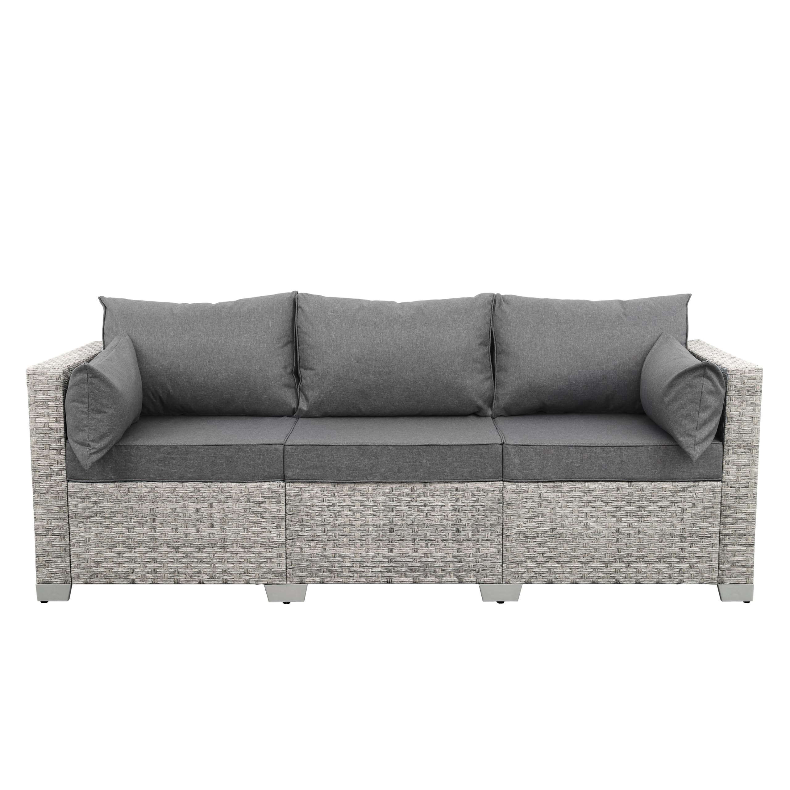 WAROOM Outdoor Couch 3 Seater Wicker Patio Sofa Grey Rattan Deep Seat Balcony Furniture Porch Seating with Grey Cushion