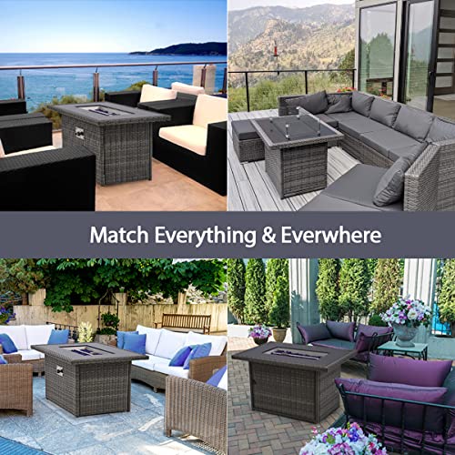 Rectangular Fire Pit Table, 40 inch Propane Fire Pit Table, PE Wicker, Fire Stone Wind Guard Rain Cover Included, Hidden Tank Holder, Black Tempered Glass Tabletop, 55,000 BTU