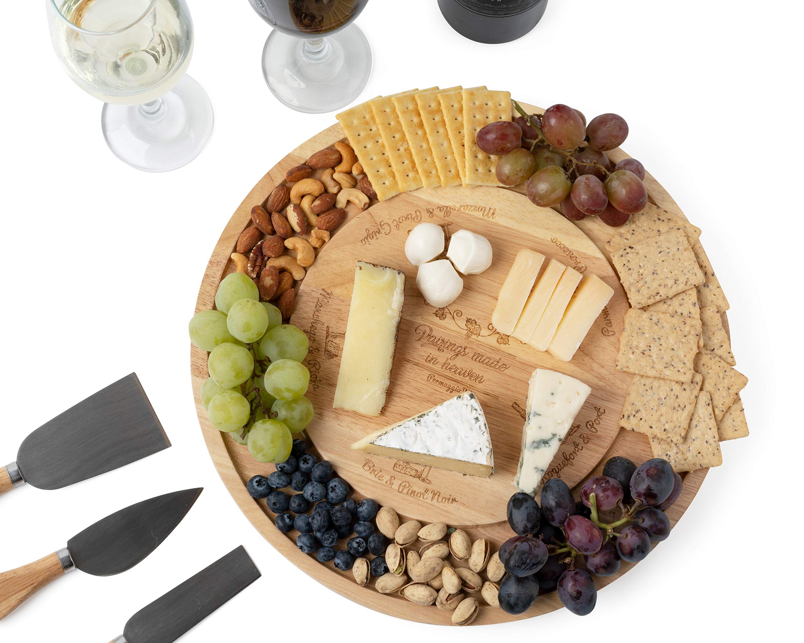 Permaggio Cheese Board and Knife Set, Wine and Cheese Serving Set, Lazy Susan Tray Charcuterie Platter 13.1", Natural Rubber Wood, Perfect Hostess Gift, Swivel Server Cheeseboard Gift Set