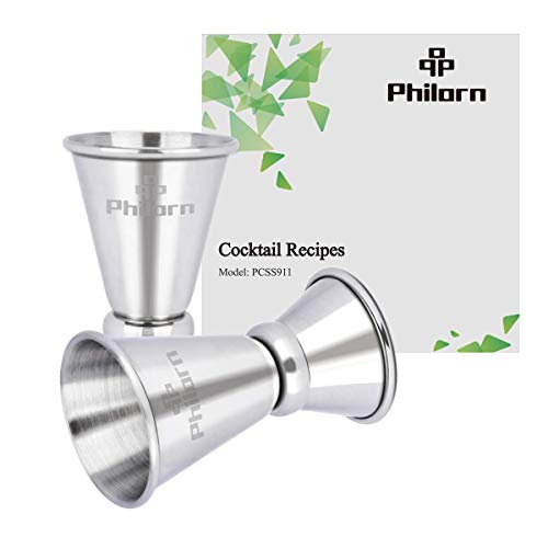 PHILORN 2 Set Double Jigger 0.5 & 1 oz 304 Stainless Steel with Recipe 15ml & 30ml Measuring Cup Measure Liquor Quickly Accurately Cocktail Jigger Round Edge and Thin Waist for Comfort Holding