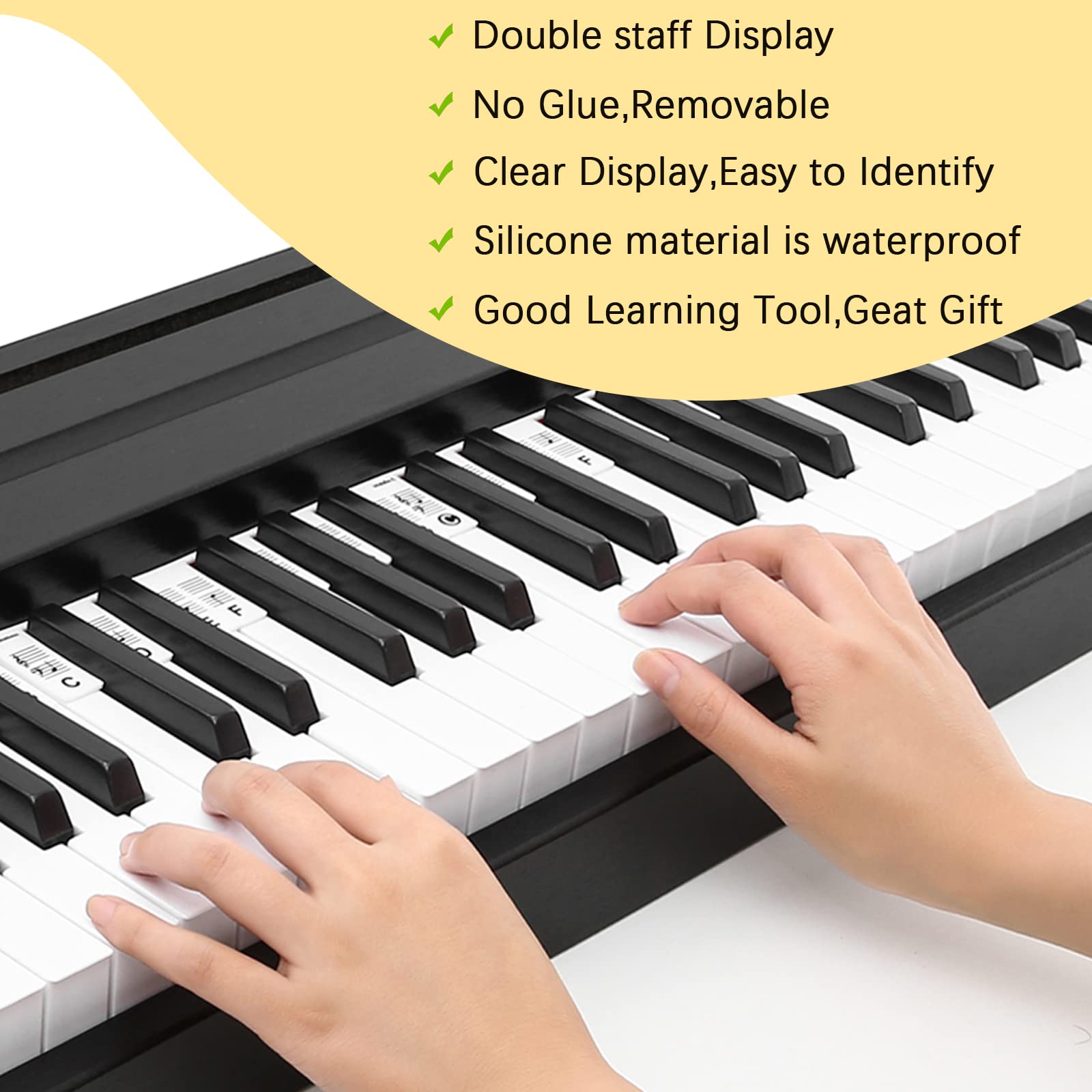 Removable Piano Keyboard Note Labels, 88-Key Full Size Piano Stickers, Made of Silicone, No Need Stickers, Reusable and Comes with Box, Double Staff Display of Piano Notes Guide for Beginner (Black)