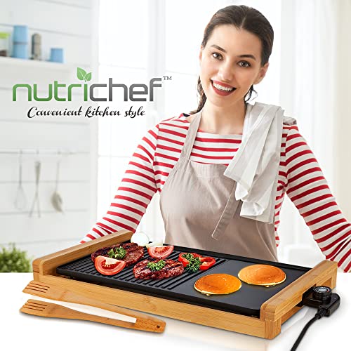 NutriChefKitchen Household Smokeless Indoor Grill, Nonstick Electric Grill, Detachable Bamboo, Tempaerature Control, Adjustable Temperature Knob, For Indoor BBQs with no smoke (Black)