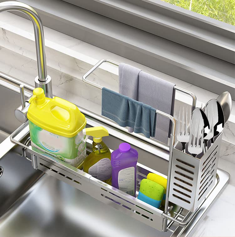 ParkNbuy Expandable Kitchen Sink Caddy Sponge Holder,Stainless Steel Telescopic Sink Storage Rack,Over Sink Adjustable Sponge Holder for Kitchen Sink with Dishcloth Towel Rack,Black