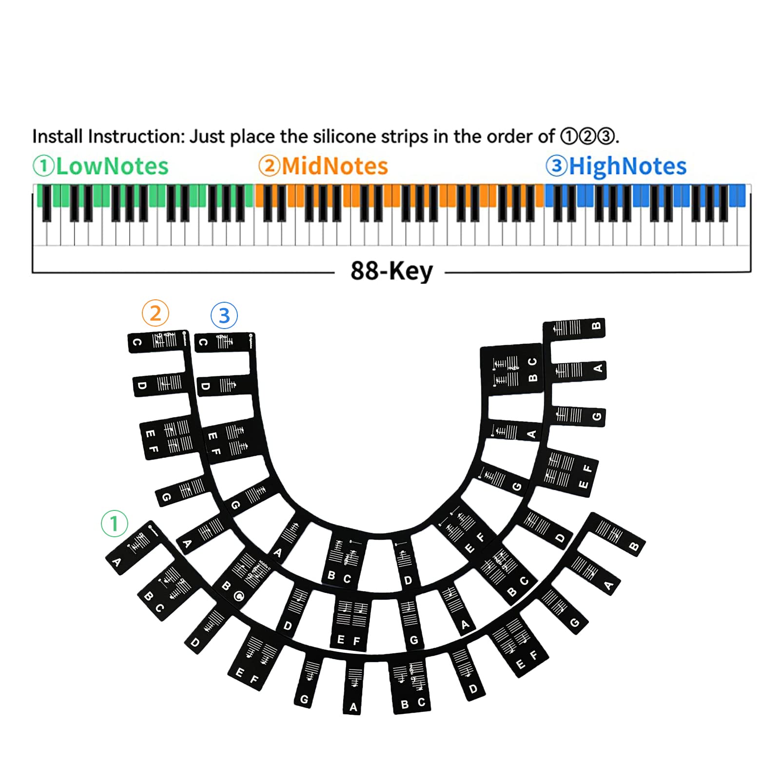 Removable Piano Keyboard Note Labels-Piano Notes Guide for Beginner, Piano Accessories for 88-Key Full Size, Piano Keyboard Stickers, Reusable Silicone Piano Keyboard Labels Comes With Box(Blackļ¼