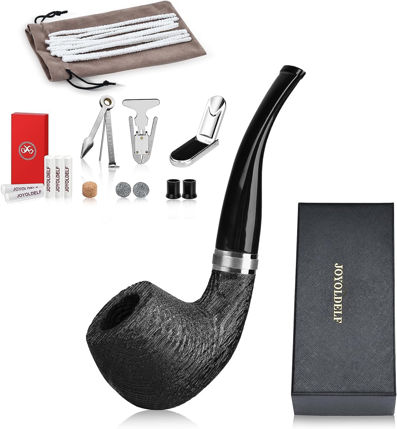 Joyoldelf Smoking Pipe, Bent Wooden Tobacco Pipe with Gift Box, Oak Tobacco Pipes for Smoking with Foldable & Stainless Steel Tobacco Pipe Stand, 9mm Pipe Filter and Smoking Accessories