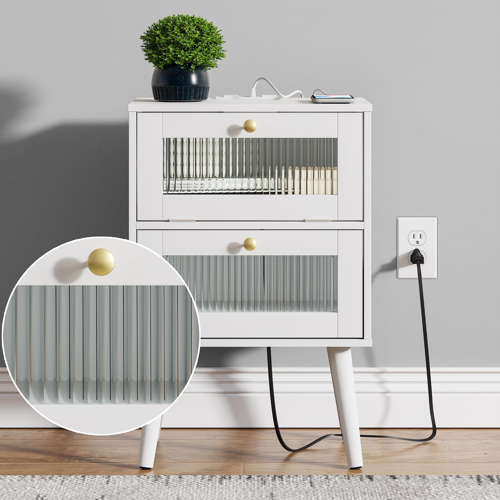 Lomojo Night Stand Set of 2, Nightstand with Charging Station, Mid Century Modern Bedside Table with Glass Decorative Drawer,2 Tiers End Table Side Table with Solid Wood Feet White (Modern, 2)
