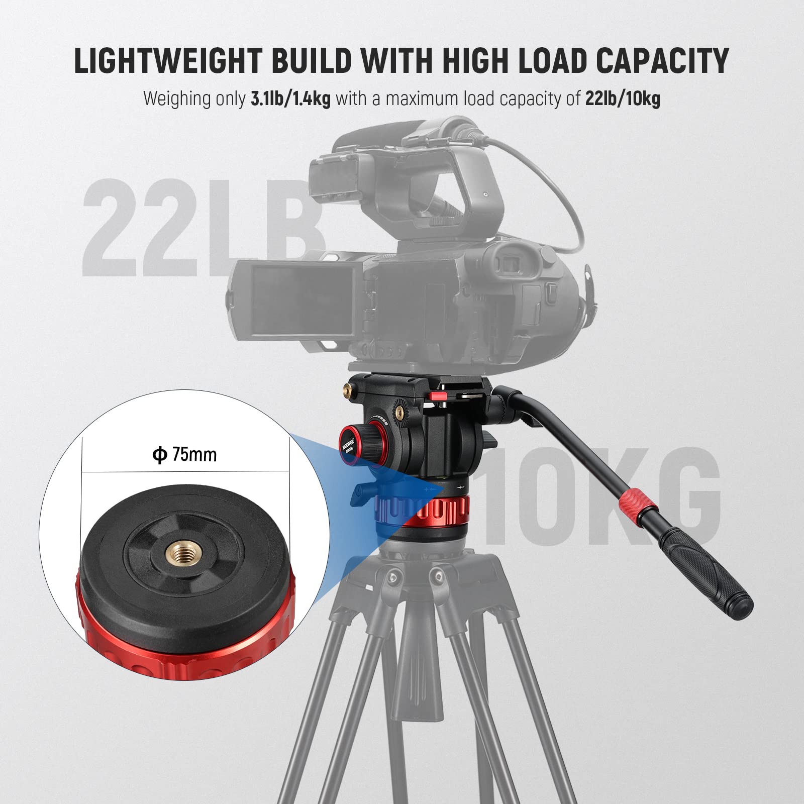 NEEWER Pro Video Tripod Fluid Head with Stepless Adjustable Pan & Tilt Damping, All Metal Heavy Duty QR Plate Compatible with DJI RS Gimbals Manfrotto, Handle, β75mm Base, Max Load 22lb/10kg, GM006