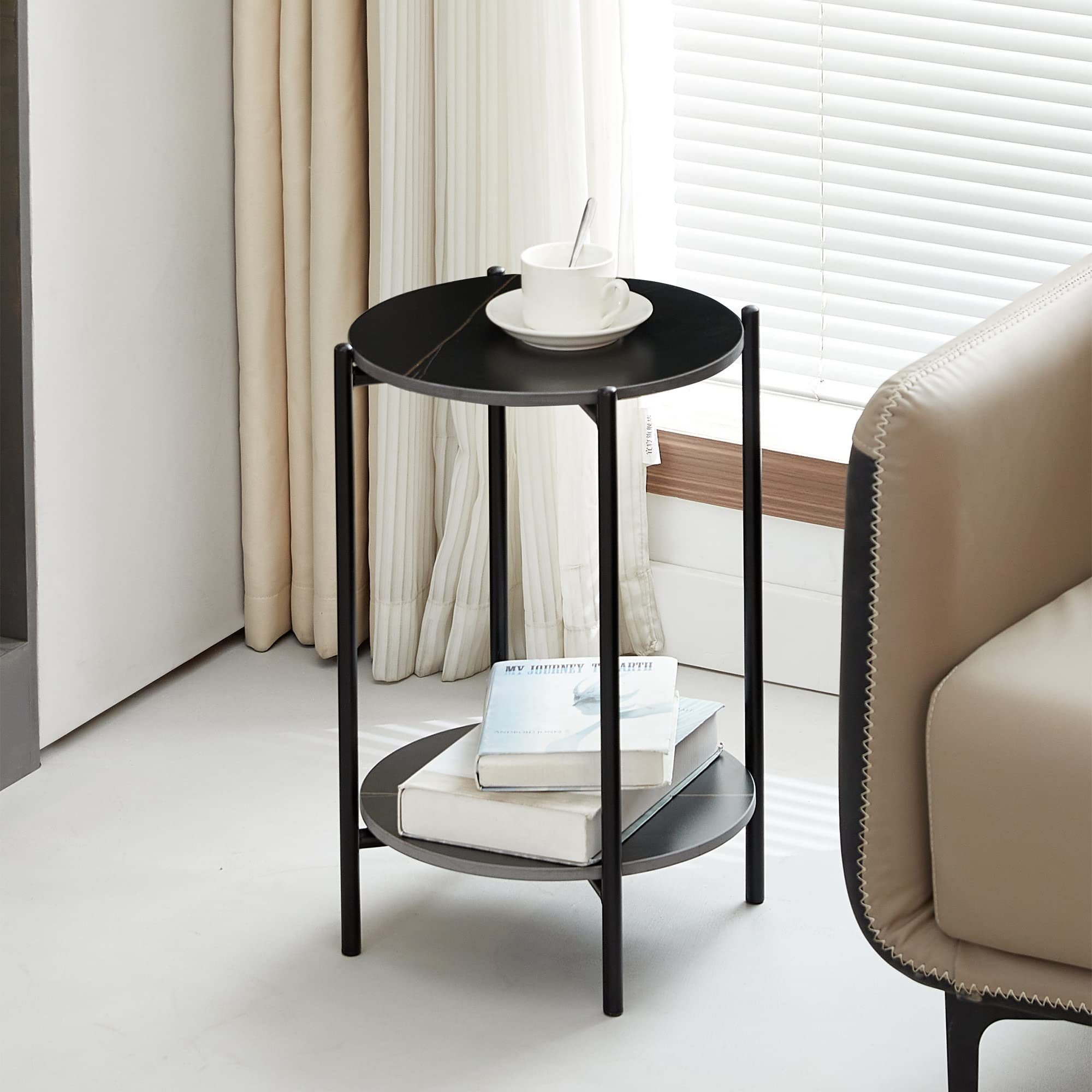 JYXNHJE Side Table,end Table,sode Table,Table with Storage,Metal Frame, Marble Table top, Two Levels of Storage, Suitable for Living Room (Pure Black)