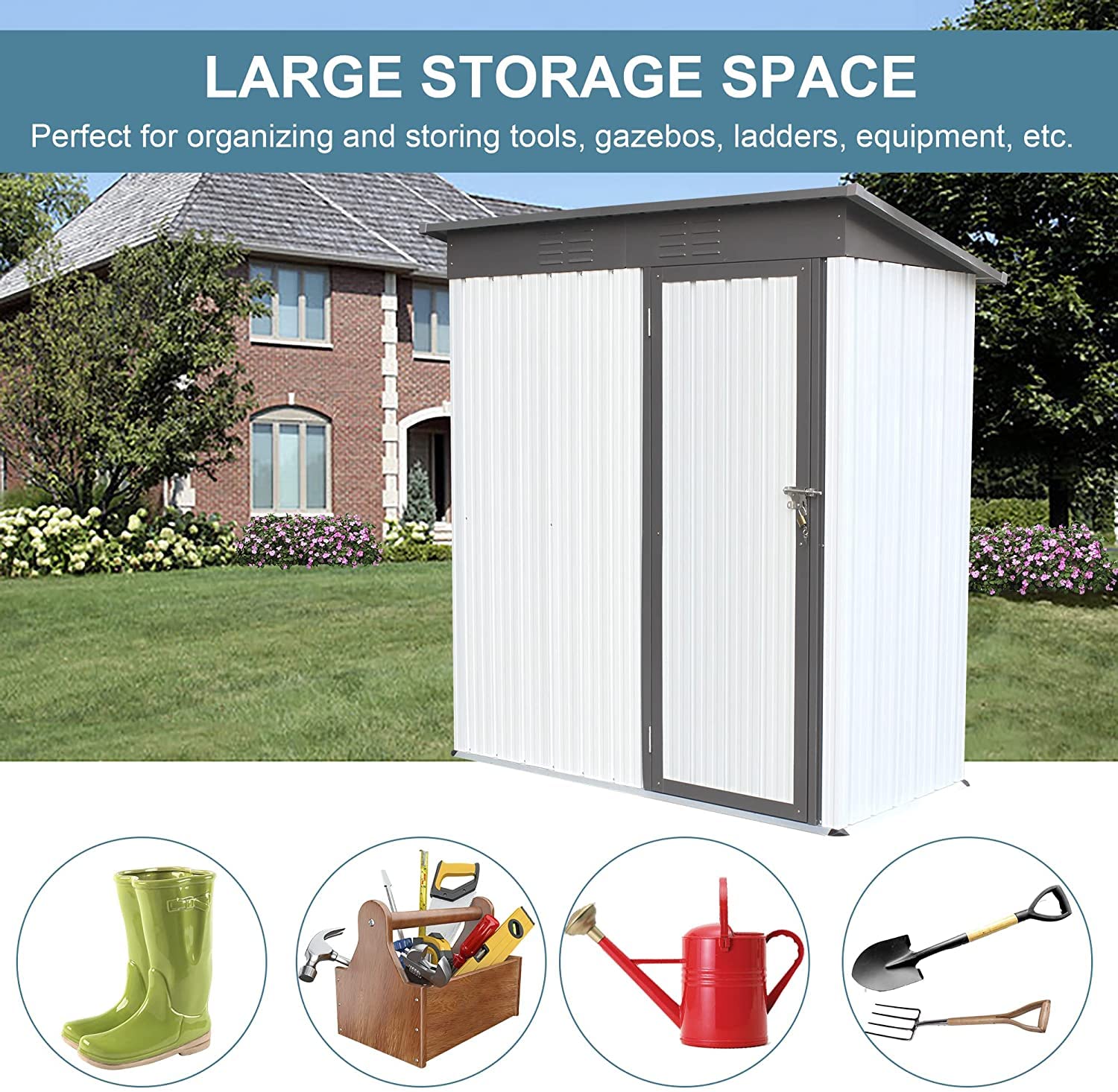 Rophefx 5' x 3' Outdoor Metal Storage Shed, Outside Waterproof Tool Shed, Steel Garden Shed with Single Lockable Door for Backyard, Patio, Lawn, White & Grey