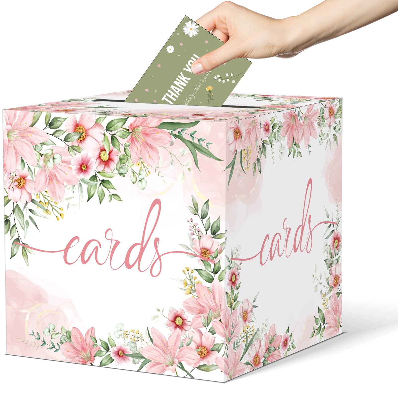 Watercolor Pink Floral Card Box Wedding Card Box Holder Gift Cards Receiving Box for Party Graduation Bridal or Baby Showers, Raffle Ticket Box Money Box for Birthday Party Retirements Anniversaries