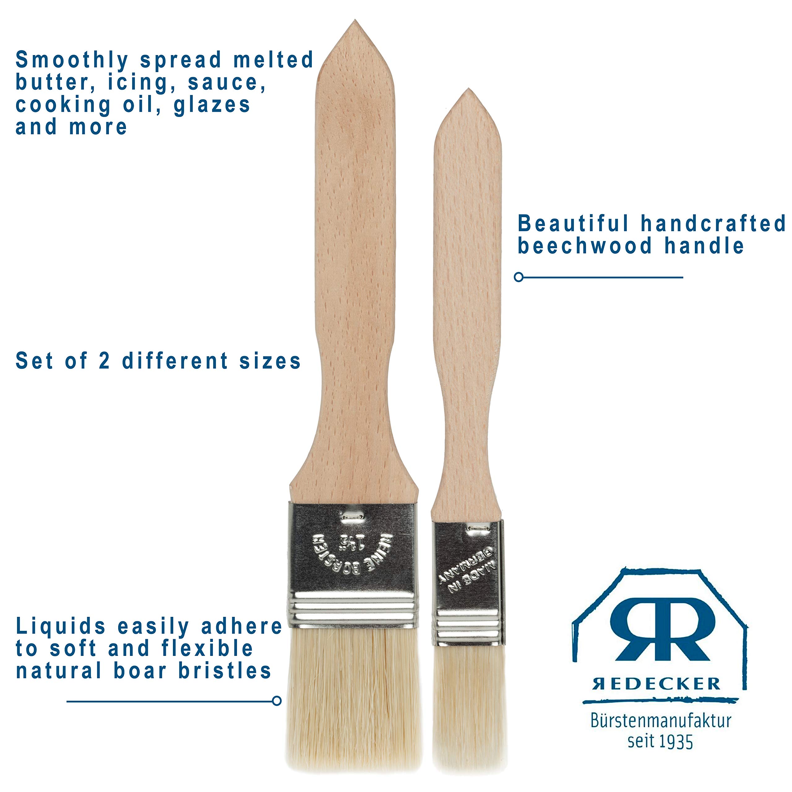Redecker Pastry Brushes Set with Untreated Beechwood Handles, 2 Different Sizes, Multi-purpose Brushes with Natural Boar Bristles for Basting, Glazing and More, Made in Germany