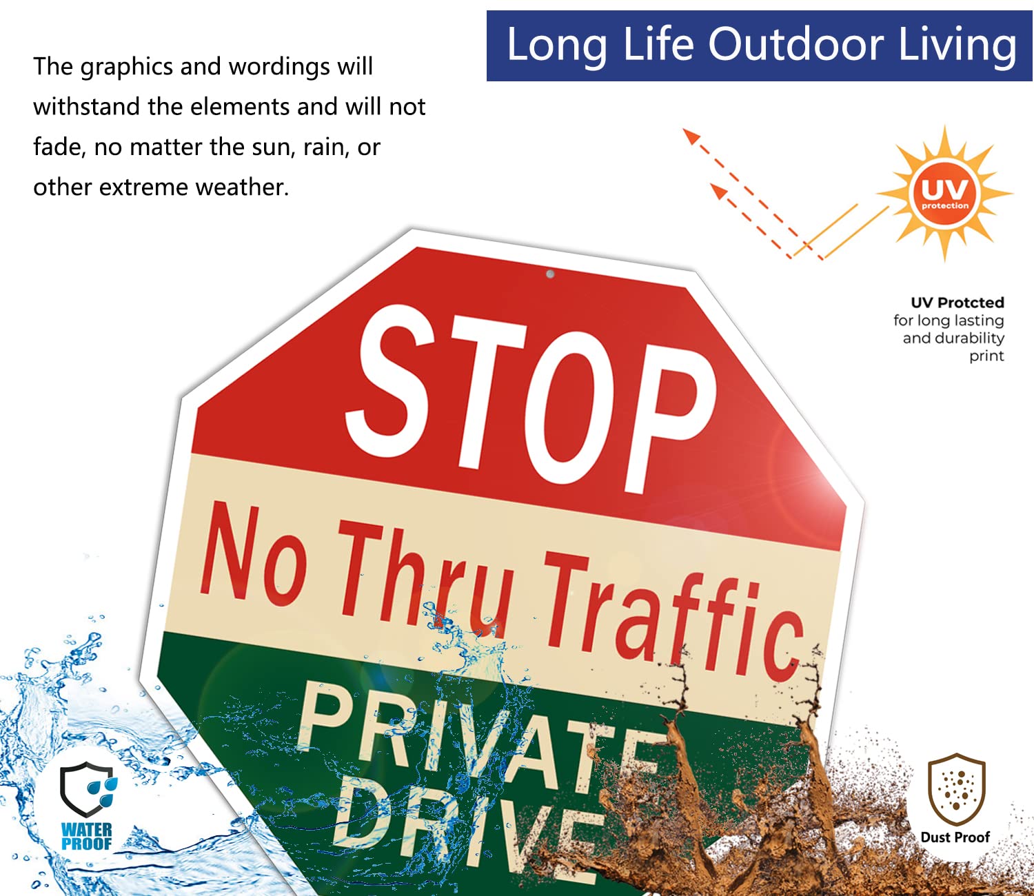 Stop No Thru Traffic Private Drive Sign 12" x 12" Private Driveway Sign Metal Reflective No Thru Traffic Sign Rust Free Aluminum Stop Sign UV Protected Waterproof Outdoor Use 2 Pack