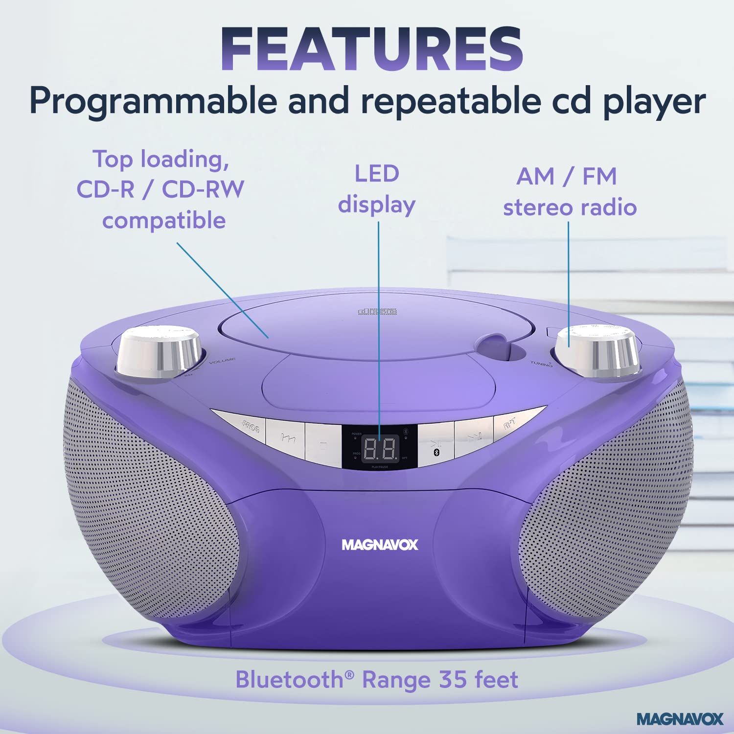 Magnavox MD6949 Portable Top Loading CD Boombox with AM/FM Stereo Radio and Bluetooth Wireless Technology in Black | CD-R/CD-RW Compatible | LED Display | (Purple)
