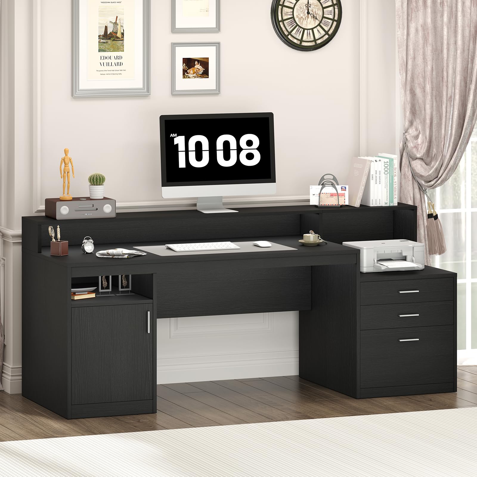 TVU 65" Computer Desk with 3 Drawers & Printer Stand, Office Desk with Monitor Stand & Storage Cabinet, Gaming Desk with Storage Shelf & Large Desktop, White Writing Desk for Home Office