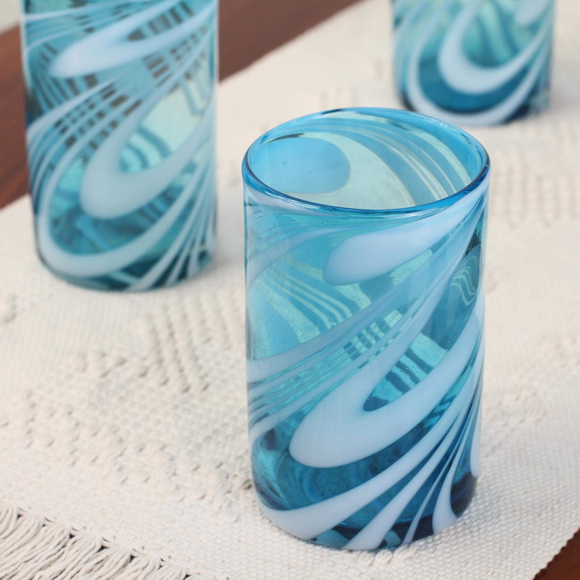 NOVICA Blue And White Swirl Hand Blown Glass Water Glasses, 15 Oz, 'Whirling Aquamarine' (Set Of 6)