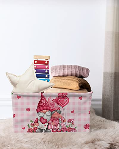 Valentine's Day Gnomes Storage Bins Shelf Baskets, Collapsible Cube Basket with Handles, Pink Plaid Love Heart Roses Waterproof Organizer for Toys/Closet/Blanket 15"x11"x9.5", 1 Pack