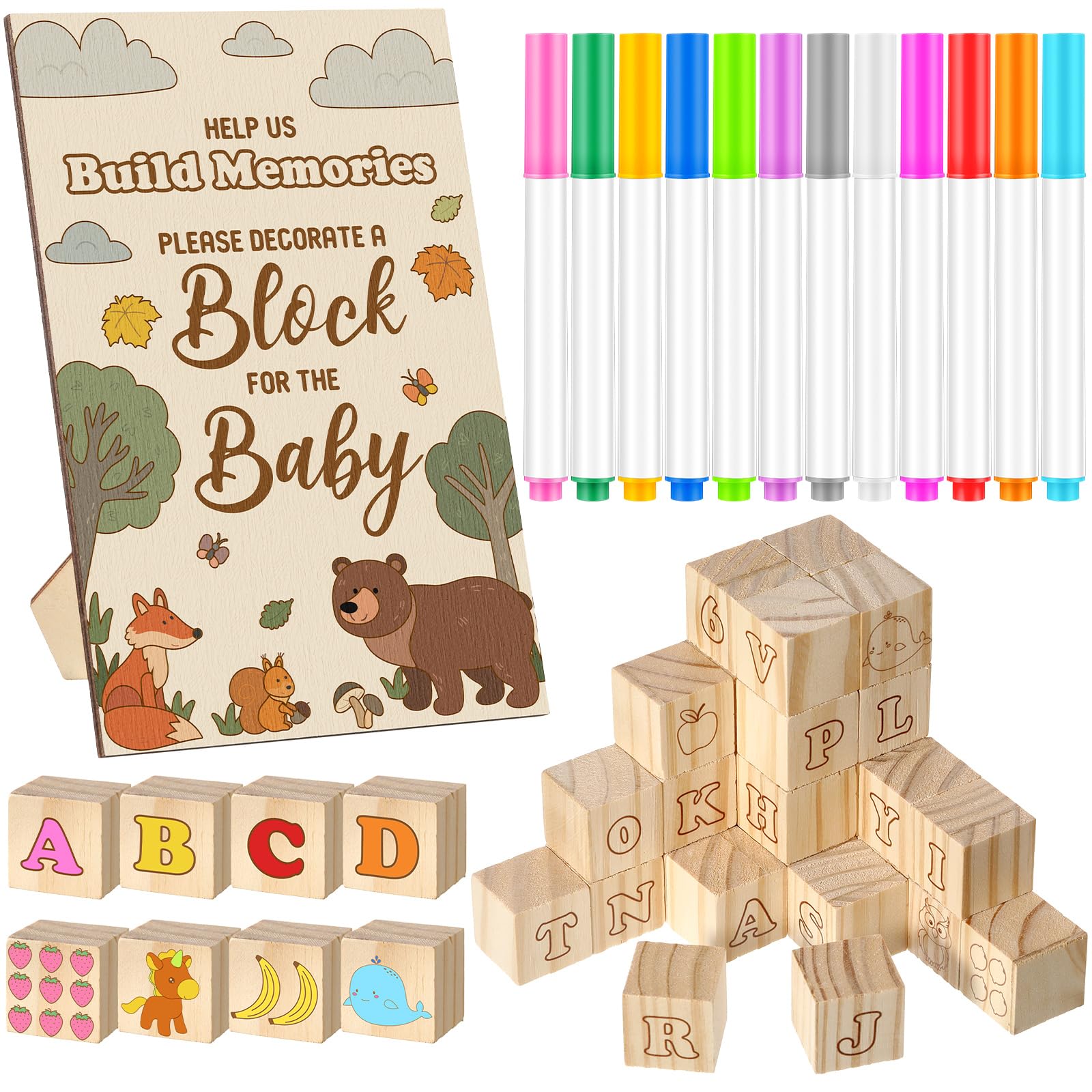 Watersay 53 Pcs Baby Shower Games Sign Kit Include 36 Abc Letter Alphabet Blocks 4 DIY Wooden Blocks 1 Block Game Frame Sign 12 Acrylic Markers for Gender Reveal Building Game Decorate Winners Decor