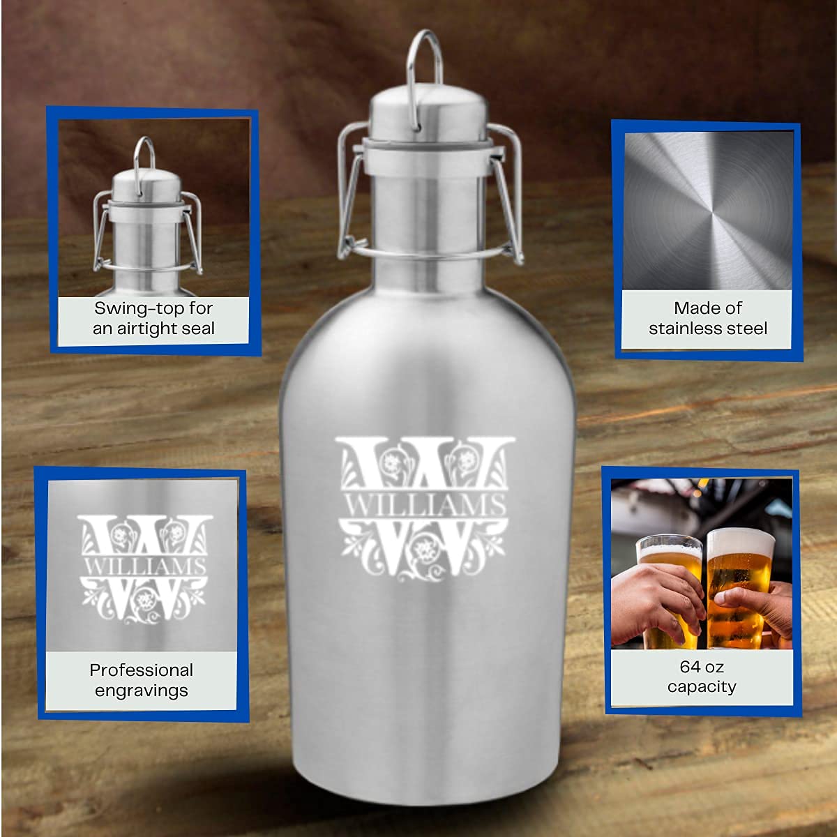Personalized Beer Growler (Silver, Circle Design), 64 oz Stainless Steel Single Wall Bottle Ideal for Camping, Travel - Unique Gift Idea