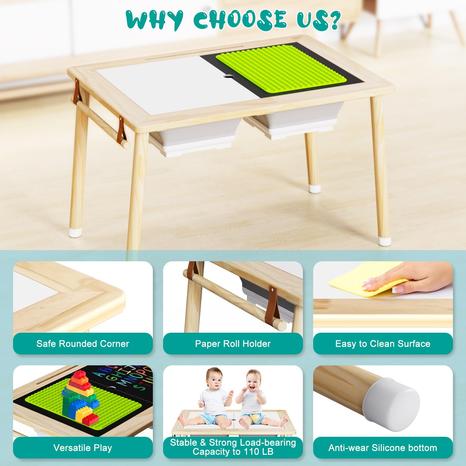 Wattne Sensory Table for Toddlers 1-5, Kids Activity Table Toddler Sensory Table with Paper Roll Holder,Lid & 2 Storage Bin, Wooden Sensory Table for Indoor Outdoor Use