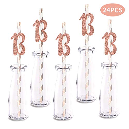 Rose Happy 13th Birthday Straw Decor, Rose Gold Glitter 24pcs Cut-Out Number 13 Party Drinking Decorative Straws, Supplies