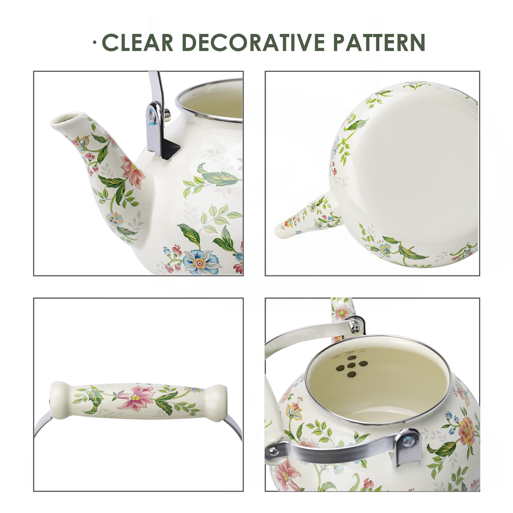OLYTARU Enamel Teapot floral,Large Porcelain Enameled Teakettle,Colorful Water Tea Kettle pot for Stovetop,Small Retro Classic Design (style01 Growing)