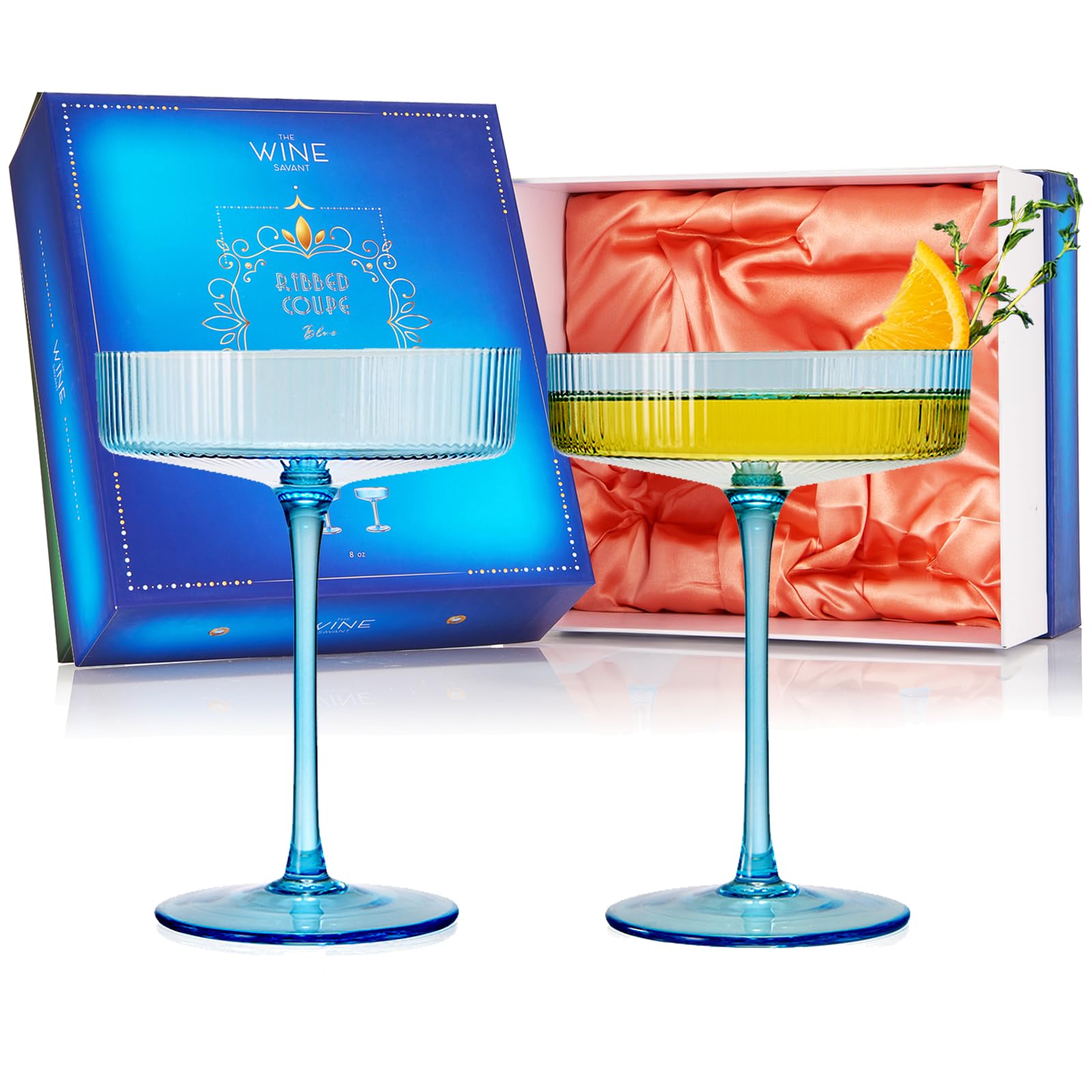 Rose Pink Ribbed Coupe Cocktail, Champagne & Martini Glasses 8 oz | Set of 2 | Retro Style Classic Manhattan Glasses For Cocktails, Ripple Coupe Glasses, Art Deco Gatsby Vintage, Crystal with Stems