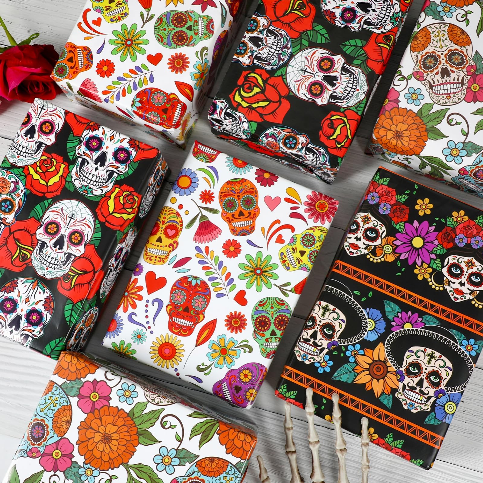 YVAINE 12 Sheets Day of the Dead Wrapping Paper Mexican Sugar Skull Wrapping Paper Folded Flat Art Paper for Dia De Los Muertos Halloween Birthday Party, 20 x 27 Inches