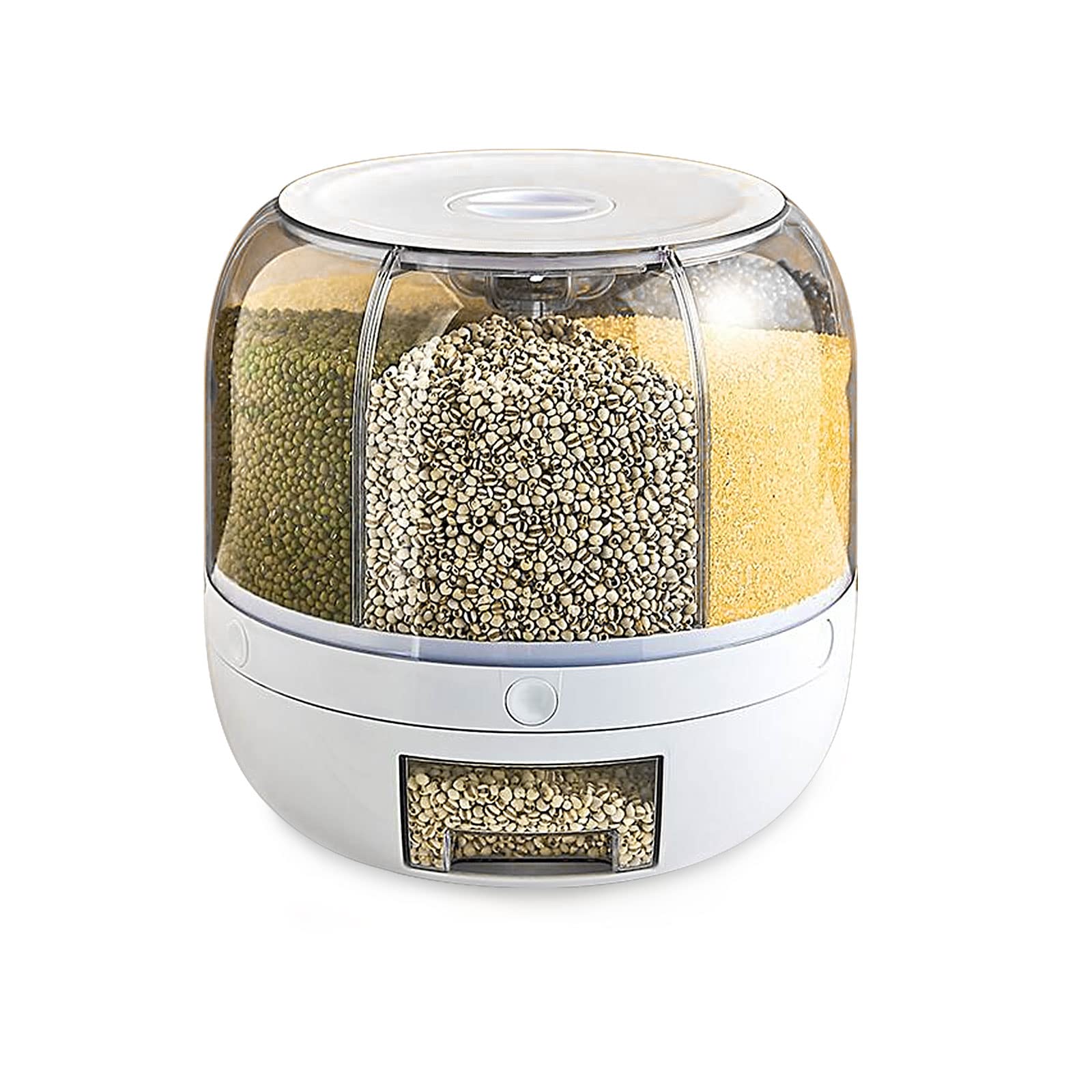SABUIDDS Rotating Grain Dry Food Dispenser Countertop - 6 Grids Cereal Tank Dispenser for Lentils, Rice, Beans - Kitchen Pantry Storage Container- Max 10kg/22 lbs Capacity - White