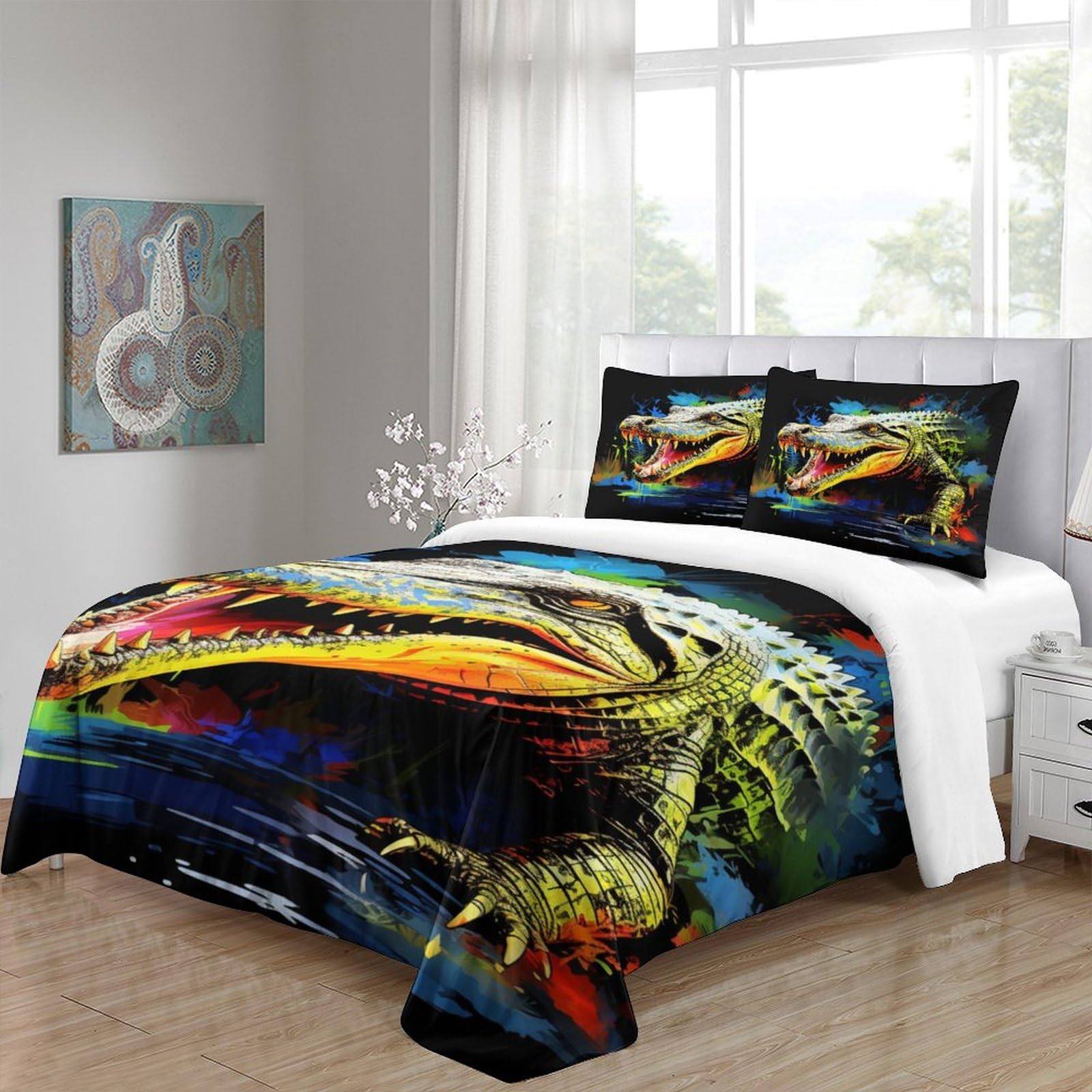YYANQIN Crocodile Comforter Cover, 3D Printing 3 Piece Sets Blanket Soft Microfibre Quilt Cover with Zipper Closure and Pillowcases for Home Decor Bed Twin(173x218cm)