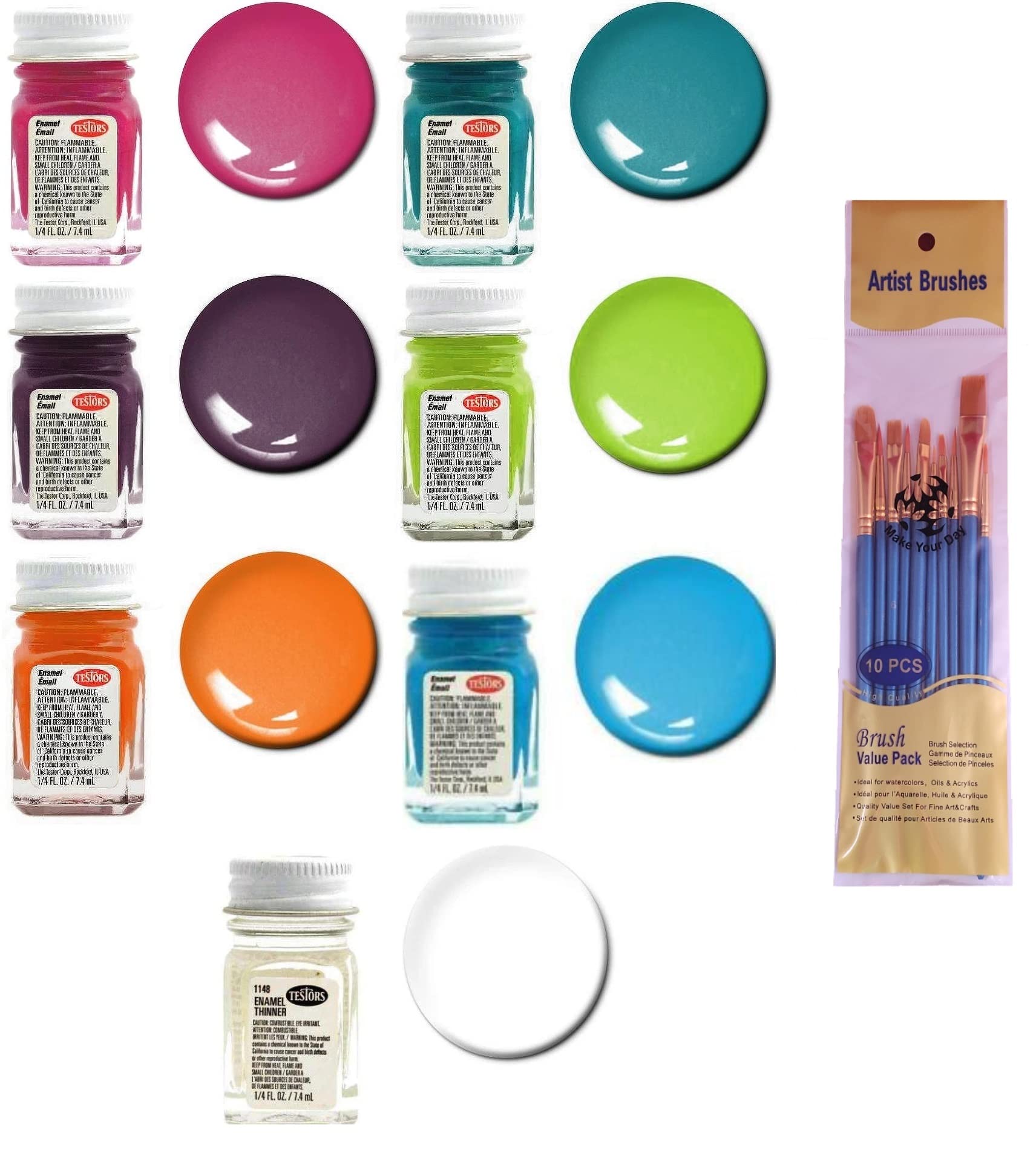 Make Your Day Testors Enamel Paint, Magenta, Gloss Teal, Gloss Grape, Gloss Turquoise, Gloss Sublime, Gloss Tangerine, and Clear Thinner, 1 3/4 Ounce (Pack of 7) Paintbrushes