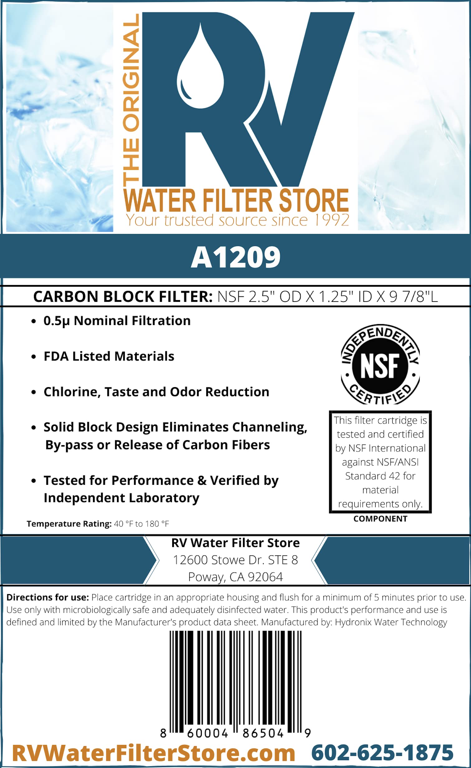 RV Water Filter Store A1209 Essential 0.5 Micron Carbon Block Water Filter - High Capacity, Replacement Cartridge - 10" x 2.5" Unit, 1 Piece