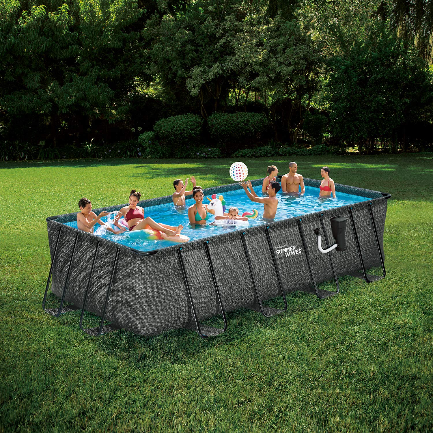 Summer Waves 18 Foot x 9 Foot x 52 Inch Above Ground Herringbone Outdoor Rectangle Frame Swimming Pool Set with Filter Pump, Pool Cover, Ladder, and Ground Cloth