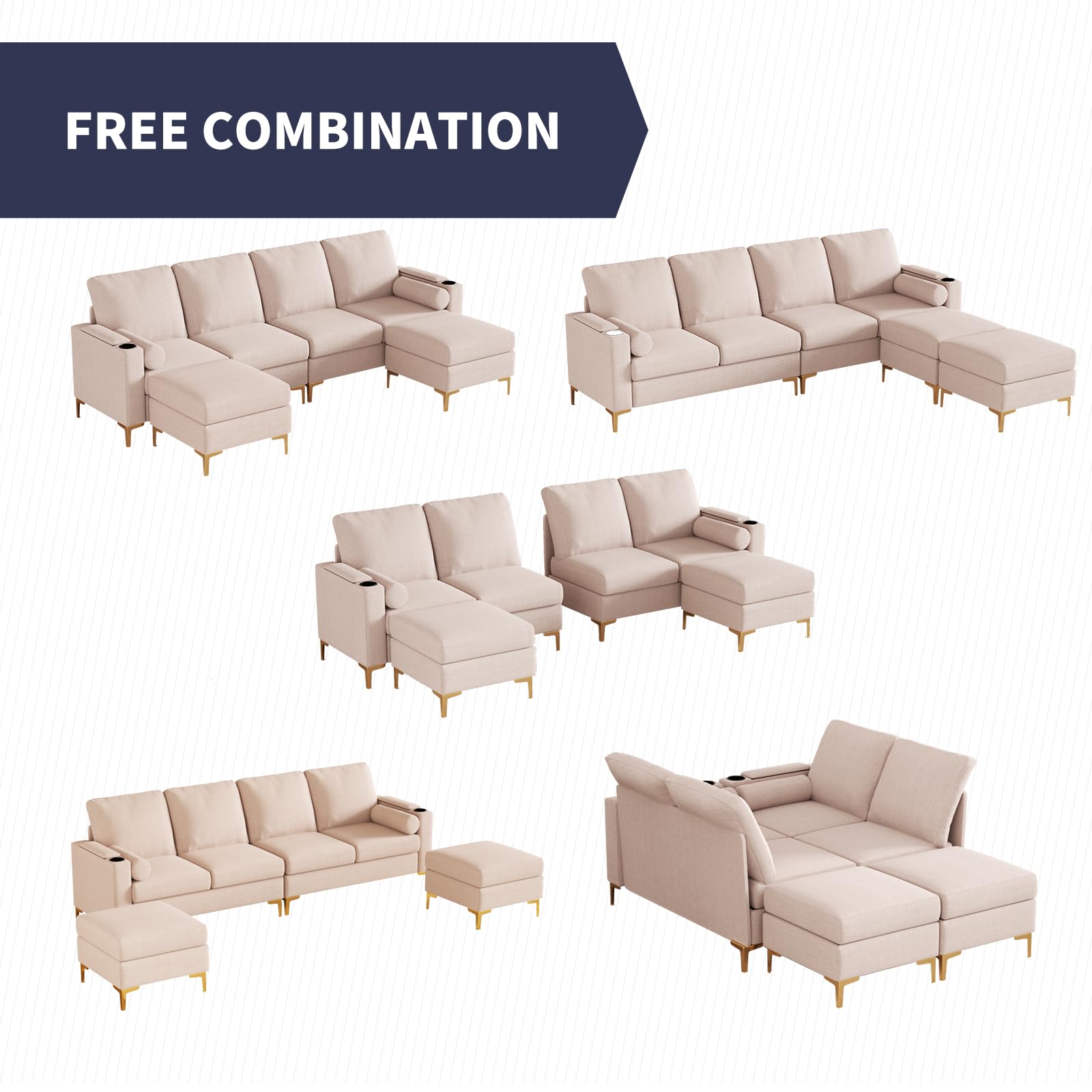 ZAFLY Convertible U-Shaped Sofa, Modern Modular Sectional Sofa Couch Set with Removable Ottoman and Armrest, Stylish Living Room Couches with Cup Holders, 115 Inch - Dark Grey