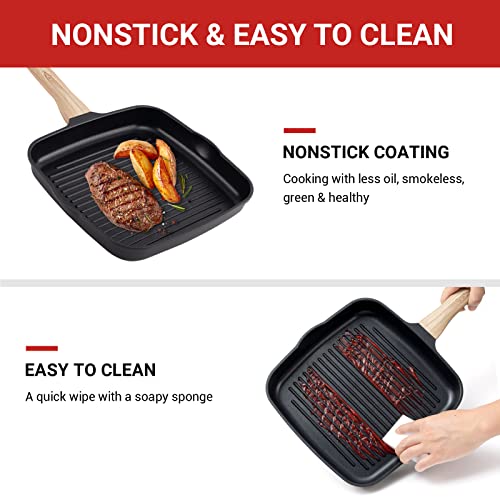 Sakuchi 11 Inch Grill Pan for Stove Tops Induction Compatible，Nonstick Square Griddle Pan for Grilling, Frying, Sauteing